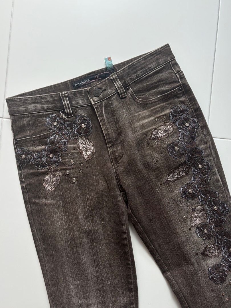 vintage butterfly embroidery flare jeans, Women's Fashion, Bottoms, Jeans & Leggings on Carousell