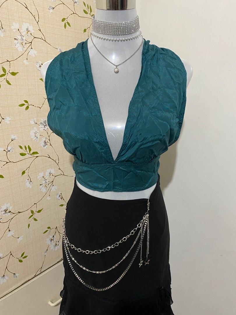 90s vintage Tree of Life halter backless teal silk satin top y2k summer ...