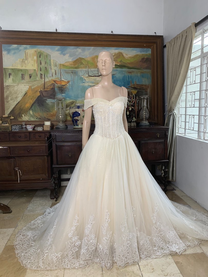 Cathedral-length Train Off-Shoulder Beaded Corset Bridal Gown, Women's ...