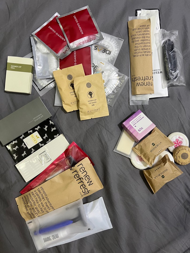Hotel amenities (shaving kit, shower cap, soap and comb), Beauty ...