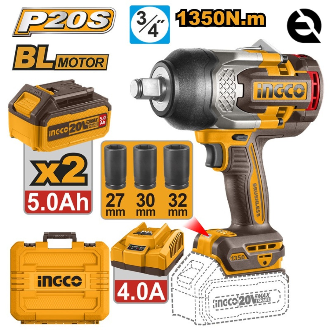 INGCO 20V Cordless Impact Wrench 3/4" DR 1350Nm with 2 [5.0Ah] Lithium ...