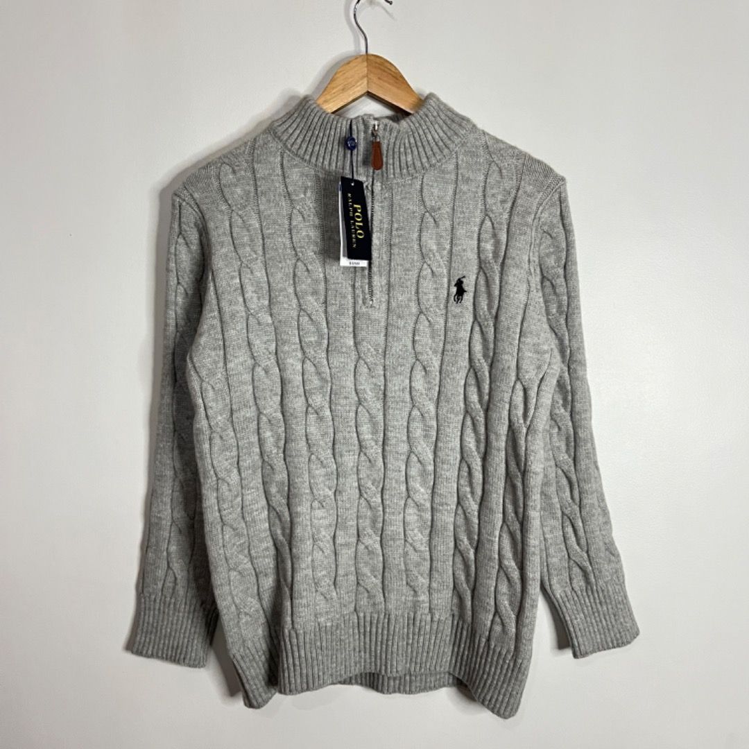 Polo Ralph Lauren Gray Cable Knit Quarterzip, Luxury, Apparel on Carousell