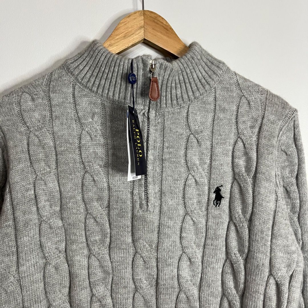 Polo Ralph Lauren Gray Cable Knit Quarterzip, Luxury, Apparel on Carousell