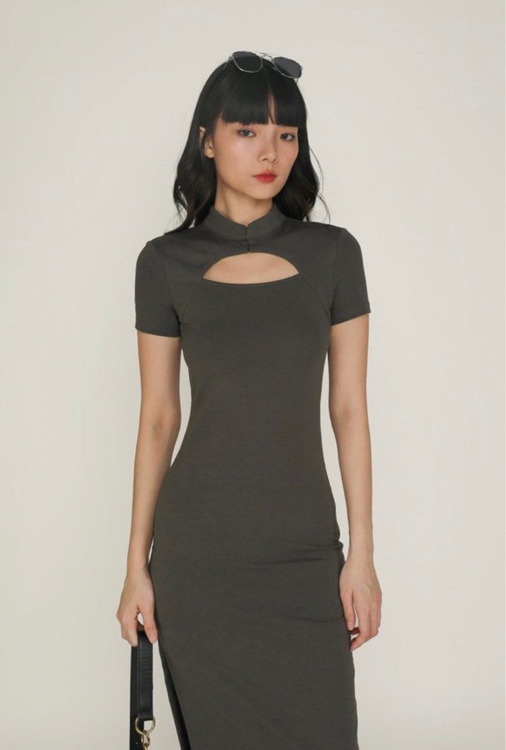 TTR Mae Mandarin Collared Maxi Dress (Grey), Women's Fashion, Dresses ...