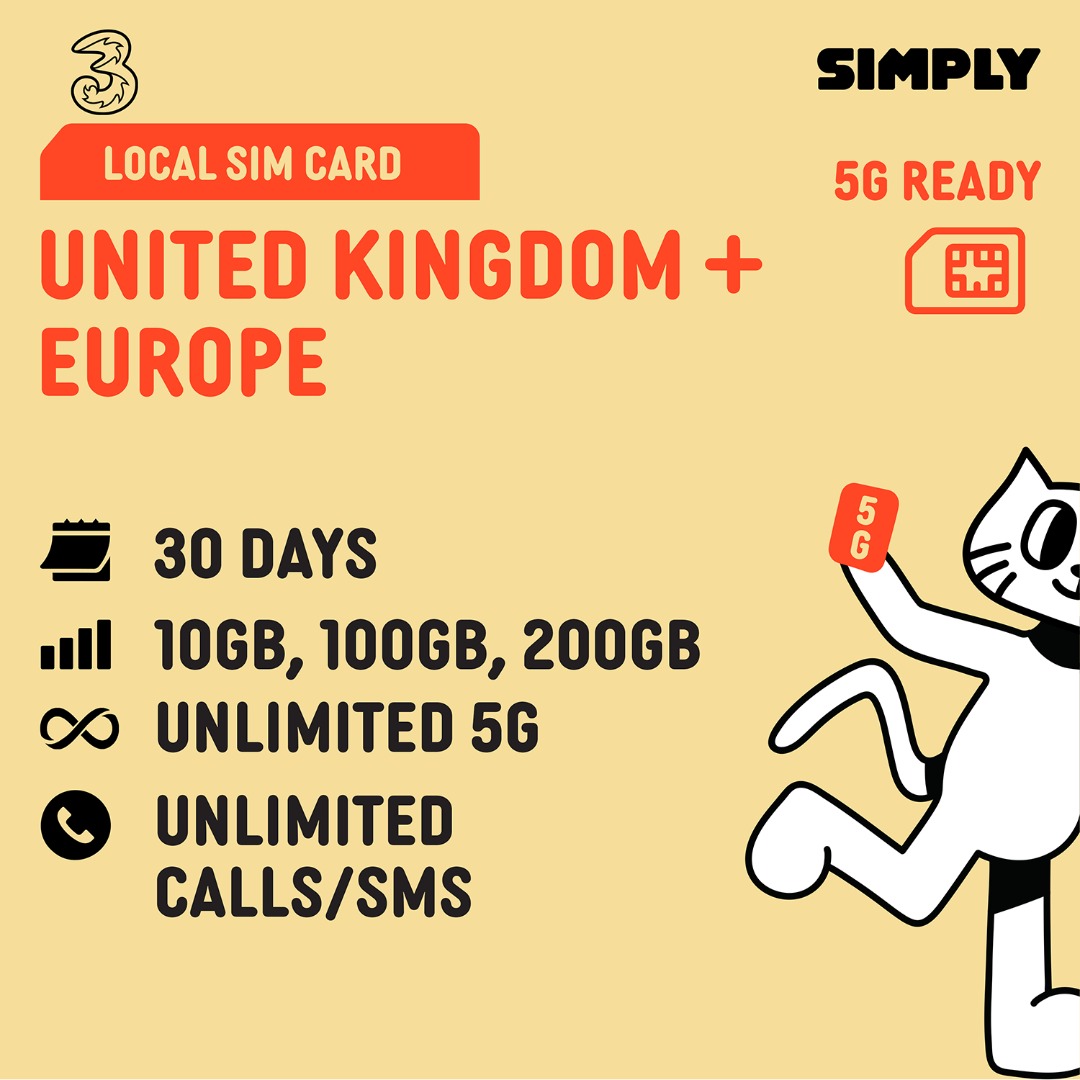 [3UK] 30 Days | Total:10GB/100GB/200GB/Unlimited 5G/4G Data | Local Europe/UK SIM Card | Plug ...