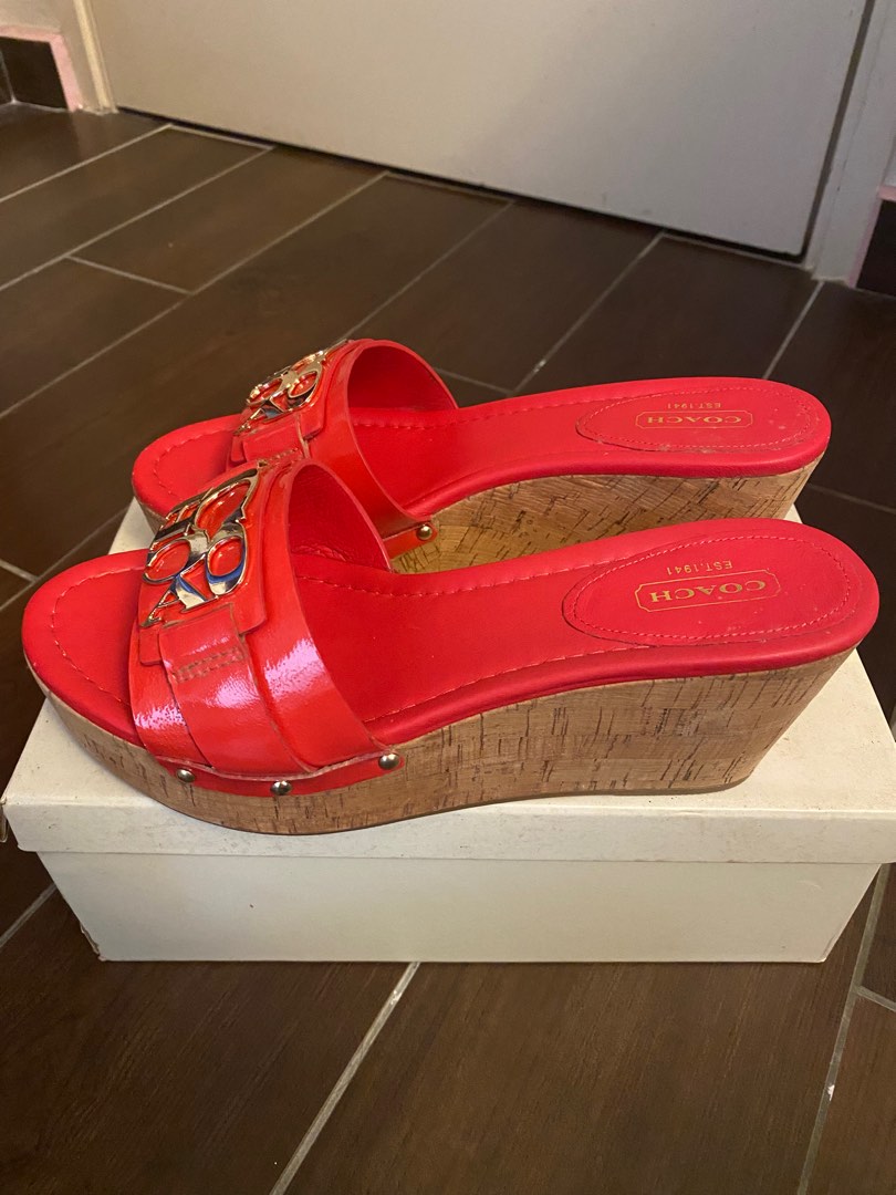 Coach Gen Pattern Melon Red Leather Wedge Us 7.5 High Heels, Women's ...