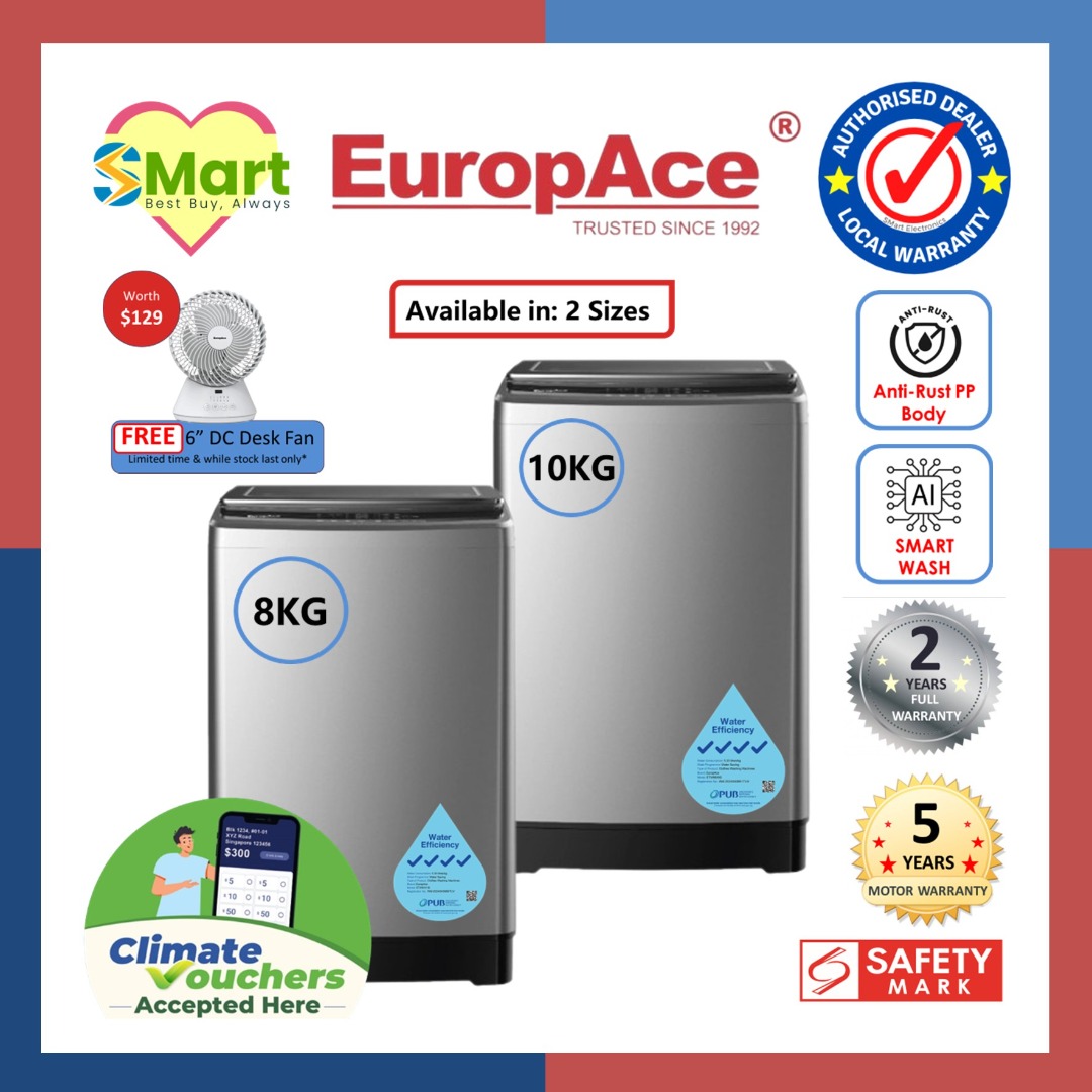 *FOC 6" DESK FAN* EUROPACE 8kg/ 10kg 4 Tick Topload Washer ETW8800D ...