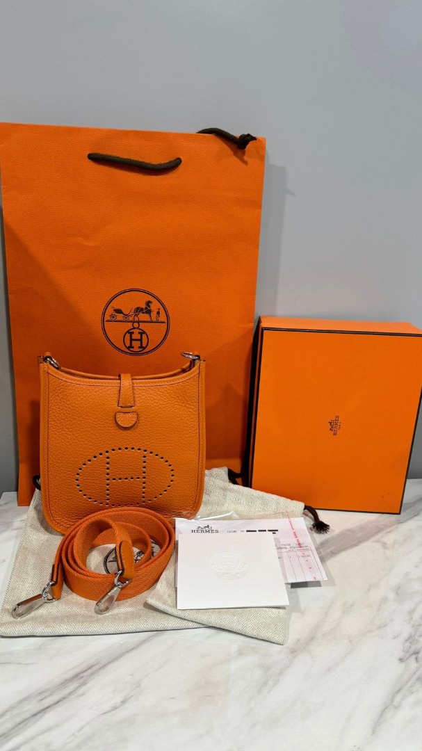 Hermes Mini Evelyn Orange PHW fullset rec 2024, Barang Mewah, Tas & Dompet di Carousell