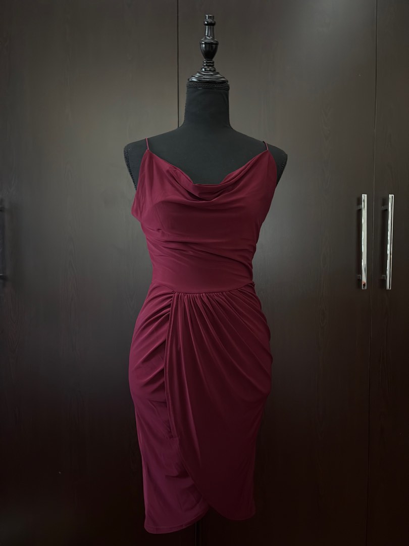 BOOHOO Dark Red Win Elegant Classy with Slit Rich Ruffled Asymmetrical ...