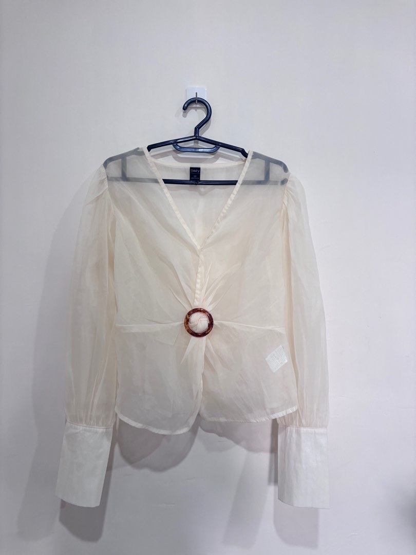 Cream Sheer Top, Women's Fashion, Tops, Longsleeves on Carousell