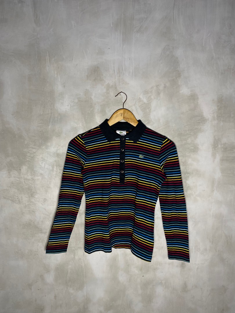lacoste rainbow stripe longsleeve polo, Luxury, Apparel on Carousell