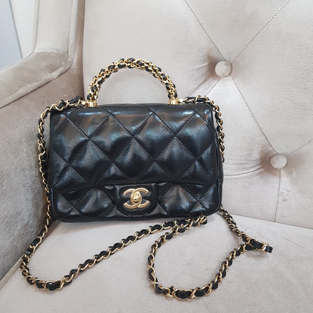 Preowned Excellent Chanel classic 23a top handle black shiny chip ghw ...