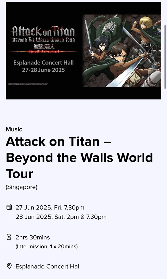 WTB $200/ticket | Attack on Titan Beyond the Walls World Tour, Tickets & Vouchers, Event Tickets ...