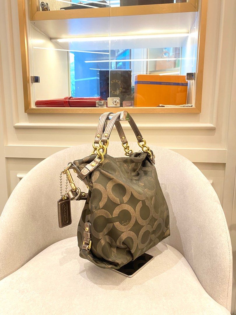 COACH OP ART BROOKE METALLIC OLIVE SIGNATURE LOGO PRINT SHOULDER BAG ...