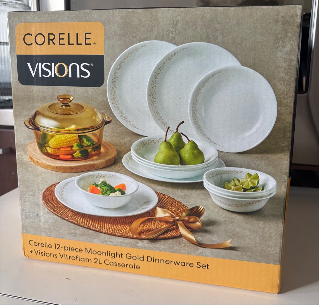 Corelle 12 piece Moonlight Gold Dinnerware set + Visions Vitroflam 2l ...