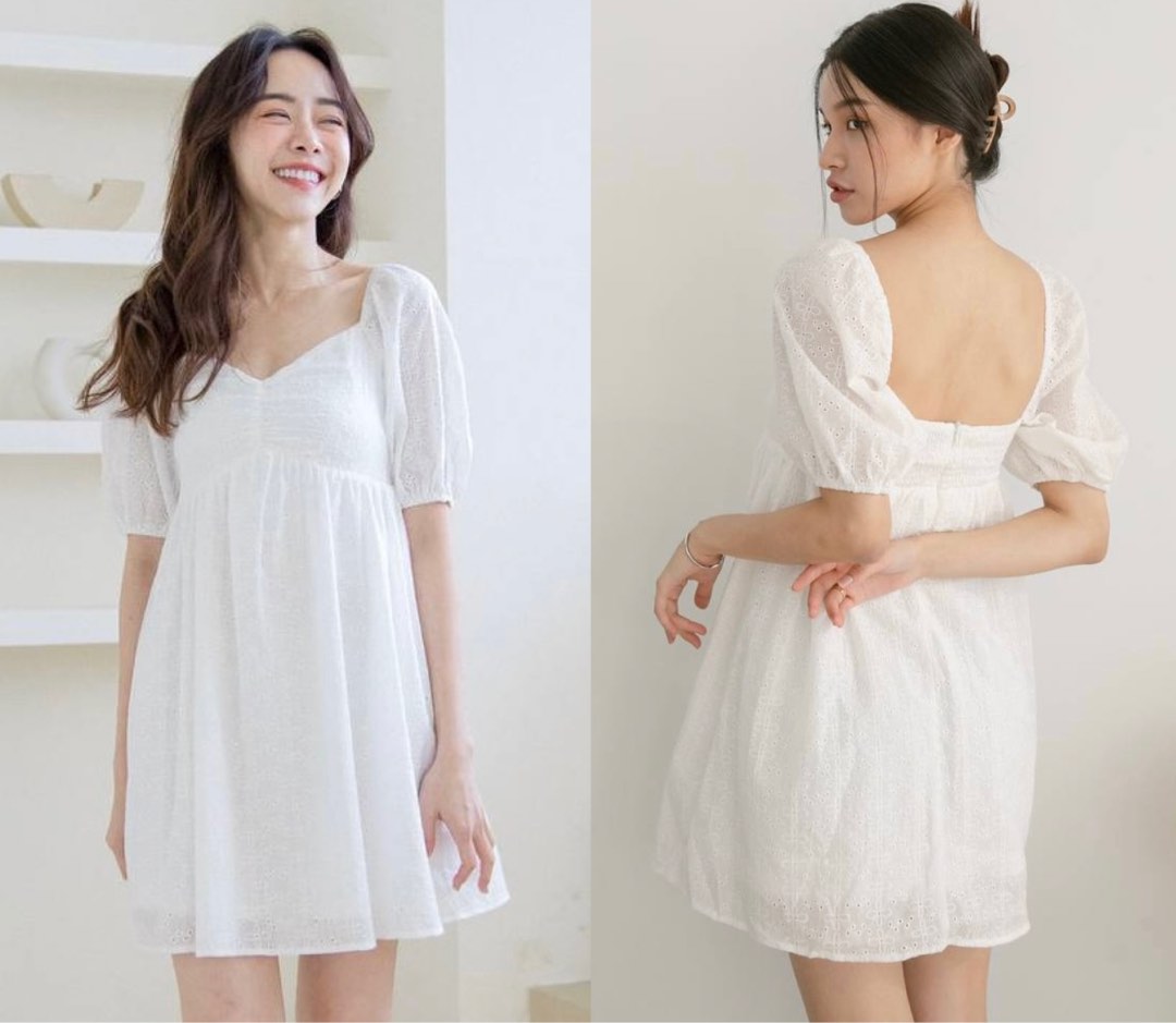 MFW Mika Dainty Puff Sleeve Eyelet Babydoll Dress in White | avie ellie ...