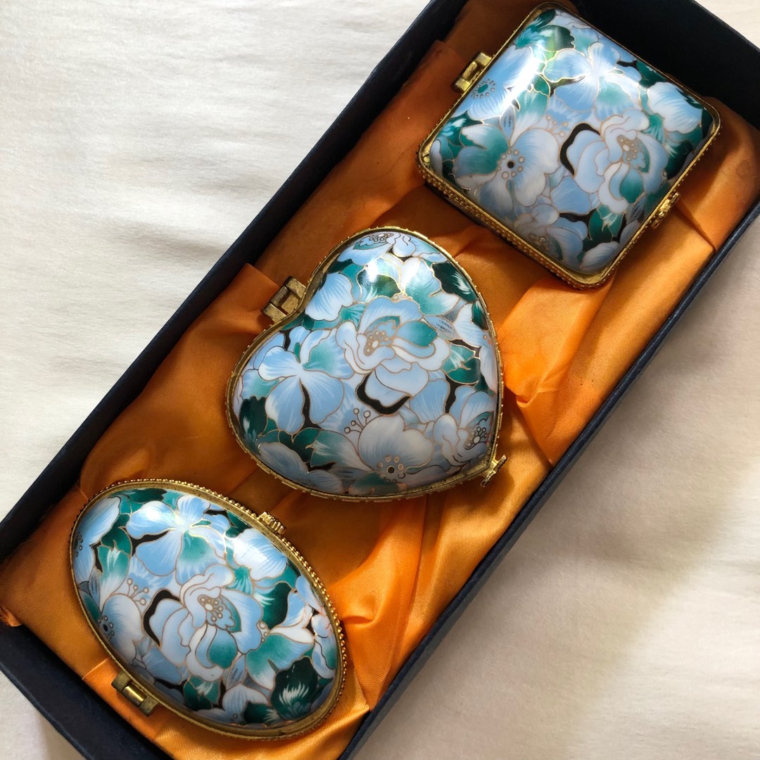 Rare design vintage blue gold floral trinket box/jewelry box set, Women ...