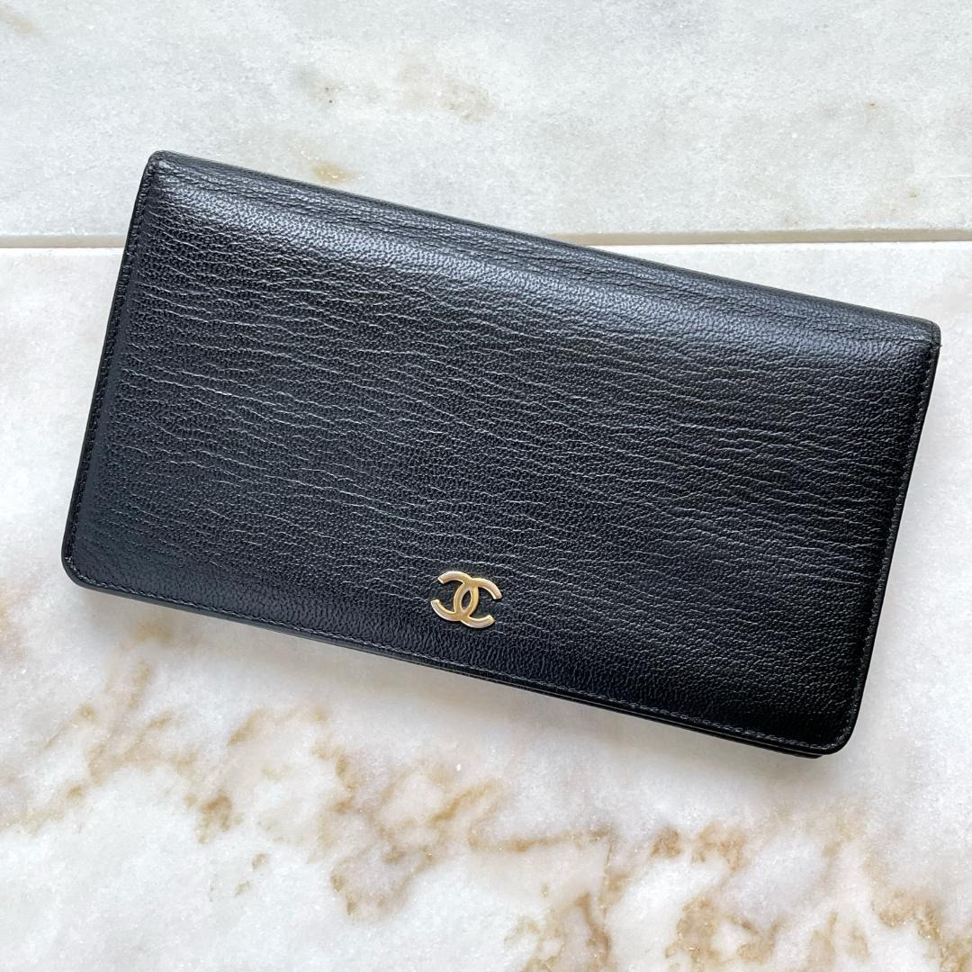Authentic CHANEL Leather Long Wallet Black Flap Coco Mark Gold Hardware ...