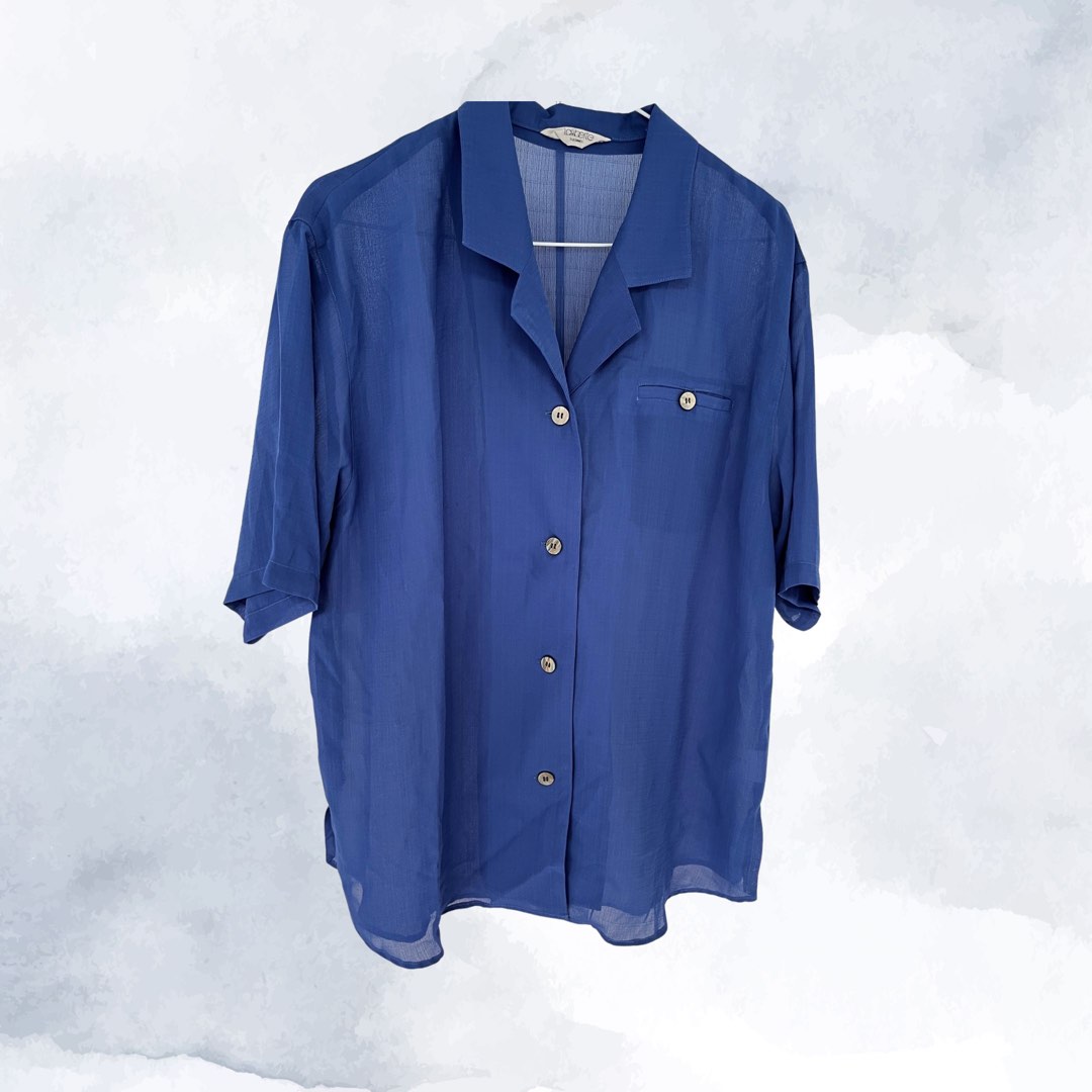 blue basic casual plain shirt short sleeve transparan kemeja kantor ...