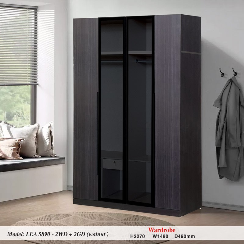 Full Height 4 Door Wardrobe (Walnut-Half Glass), Furniture & Home ...