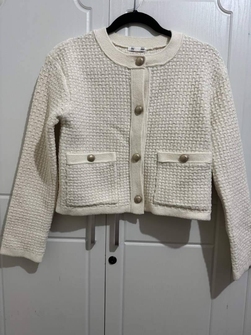 GU Off White Knit Cardigan Jacket Parisian Inspired, Women's Fashion ...