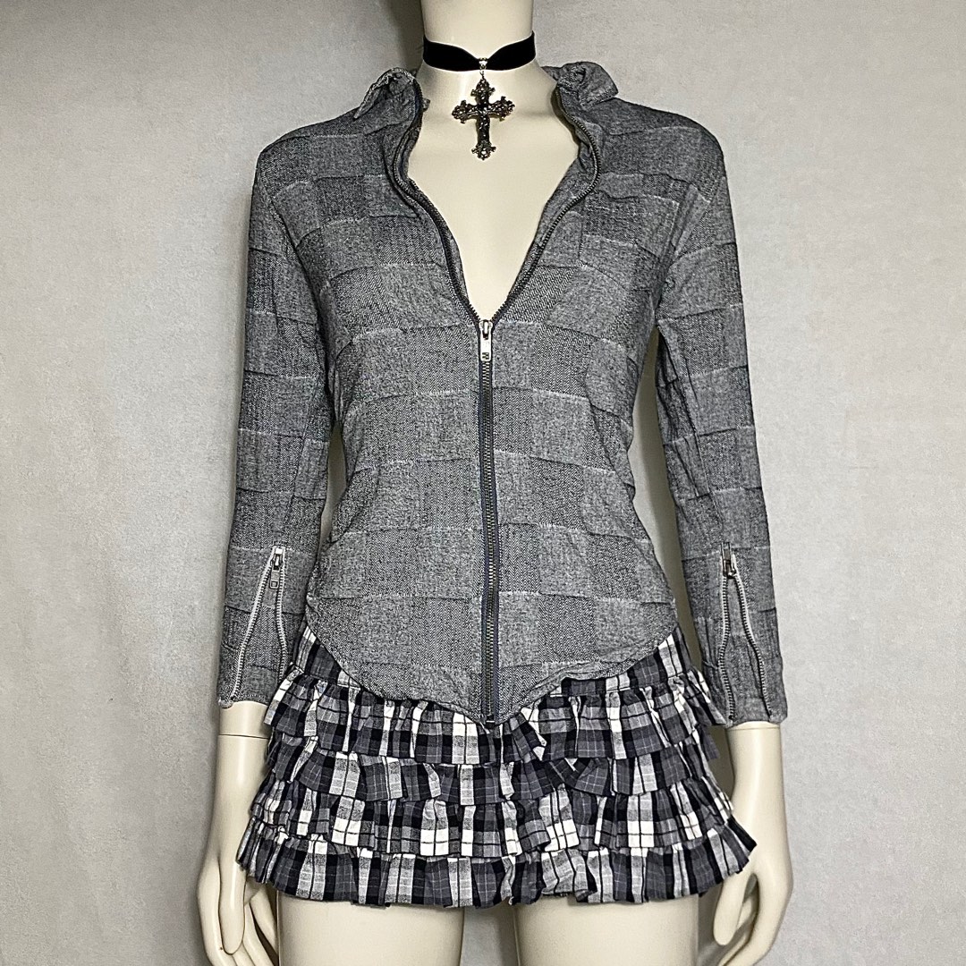 Y2k Office Siren Gray Patchwork Design Zip Up Curve Cut Hem Motorbike ...