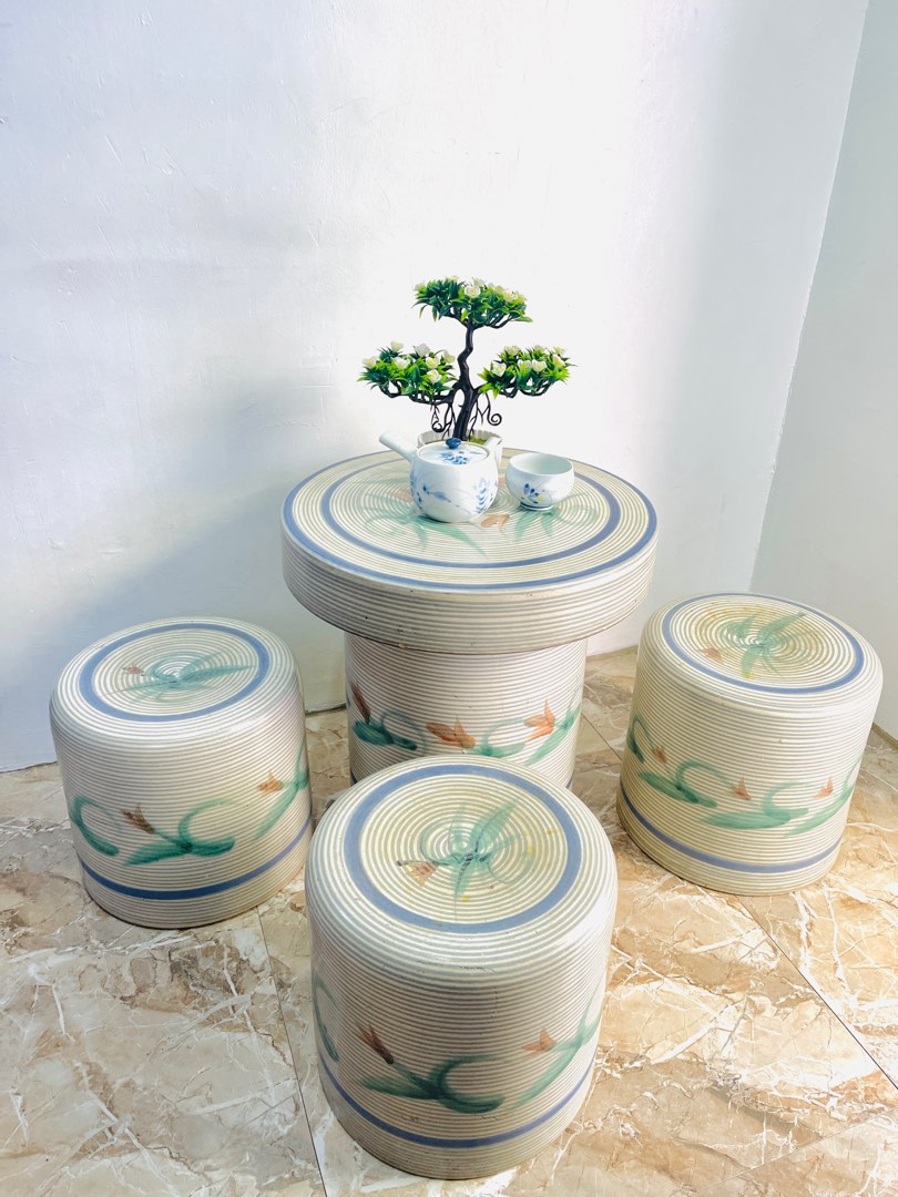 Japanese Hand Painted Ceramic Garden Table and Stools, Furniture & Home ...