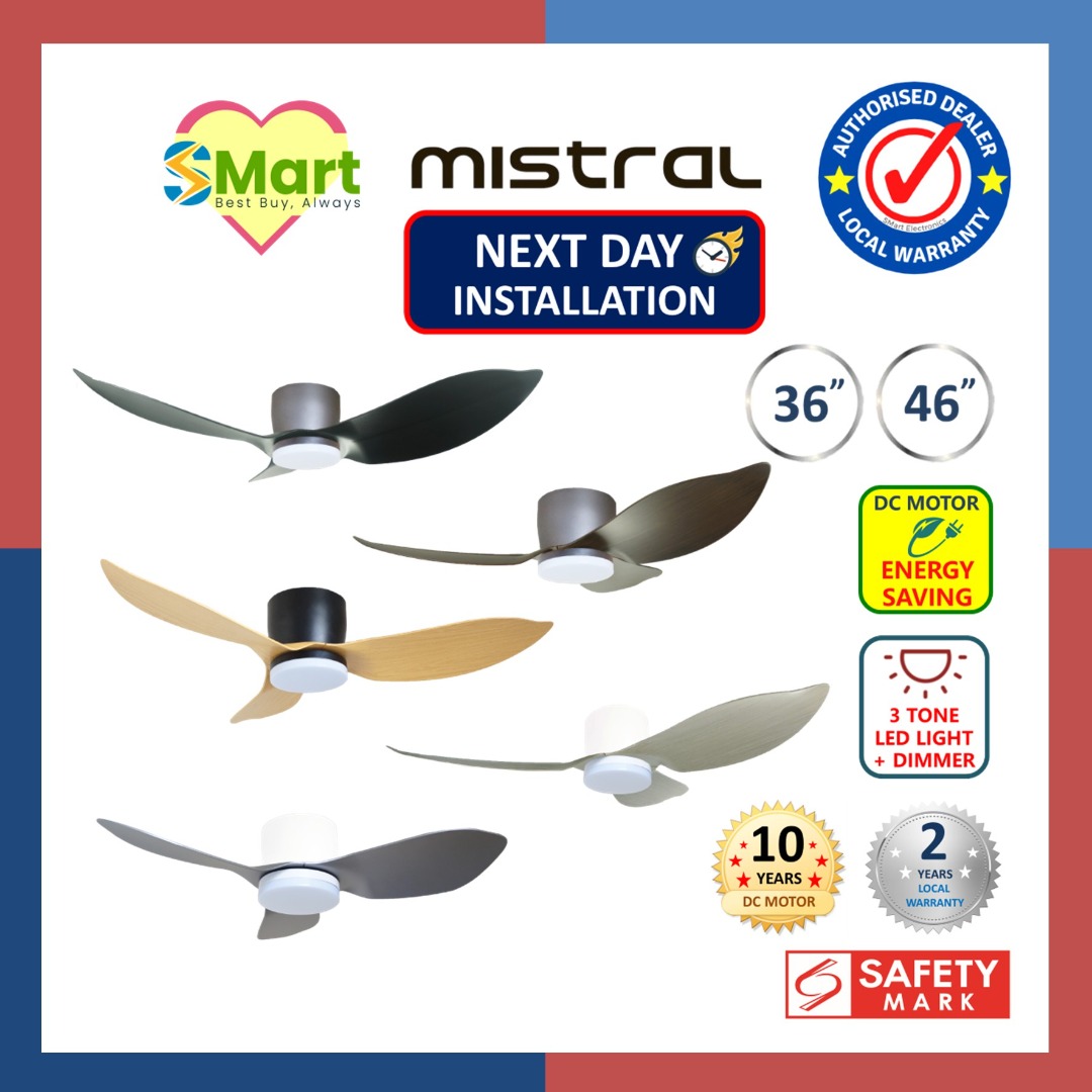 Mistral Solar DC Motor Ceiling Fan with 3 Tone Dimmer LED Light Kit and Remote Control ...