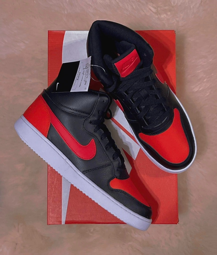 Original NIKE EBERNON Mid Black Habanero Red-White Leather Men Sneaker ...