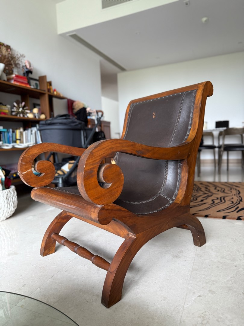 Vintage Indonesian colonial plantation arm chair real leather & wood ...