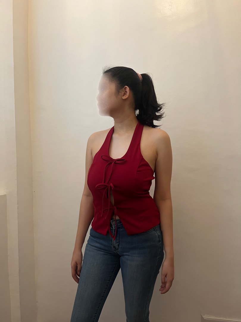 Blood Red Coquette Ribbon Halter Top, Women's Fashion, Tops, Blouses on ...