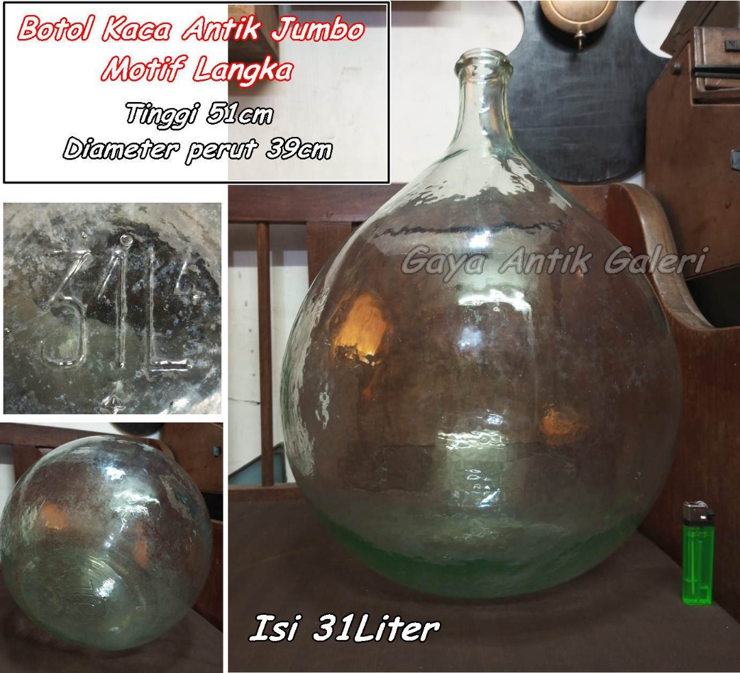 Botol Kaca Antik Jumbo Motif Langka Tinggi 51cm, Antik, Pajangan di ...