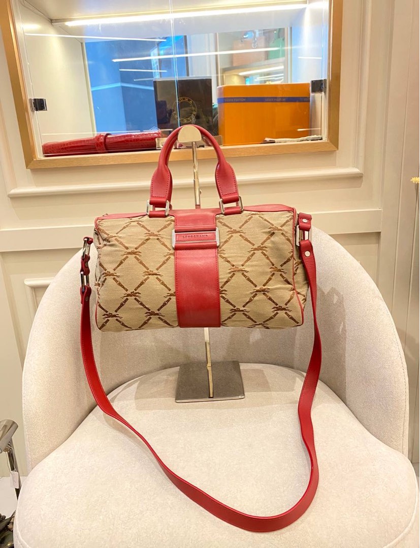 LONGCHAMP MONOGRAM JACQUARD SATCHEL BAG WITH STRAP IN CANVAS / LEATHER ...