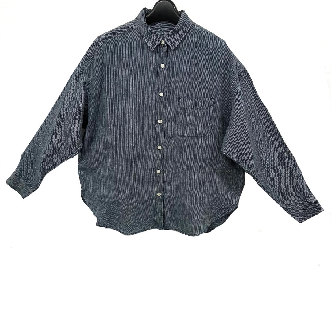 Muji 100% Linen Dark Blue Striped Widefit Contemporary Minimalist Tops, Women's Fashion, Tops ...