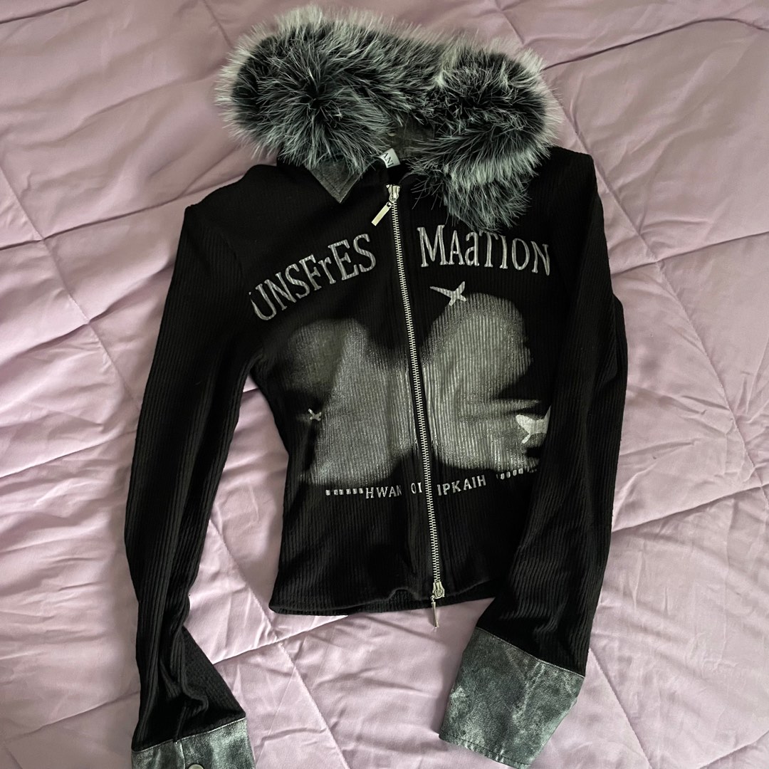 Korean Zipper Top Y2K Black Hitam Atasan Baju Kaos Lengan Tangan Panjang Longsleeve Bulu Premium ...