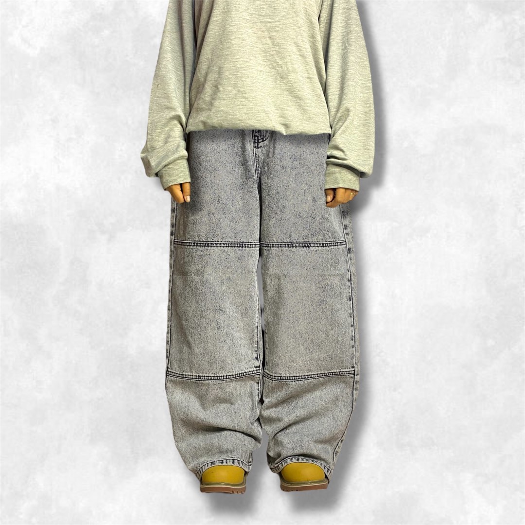 (TOFFEE) ACID GREY DOUBLE KNEE BAGGY JEANS, Men's Fashion, Bottoms ...