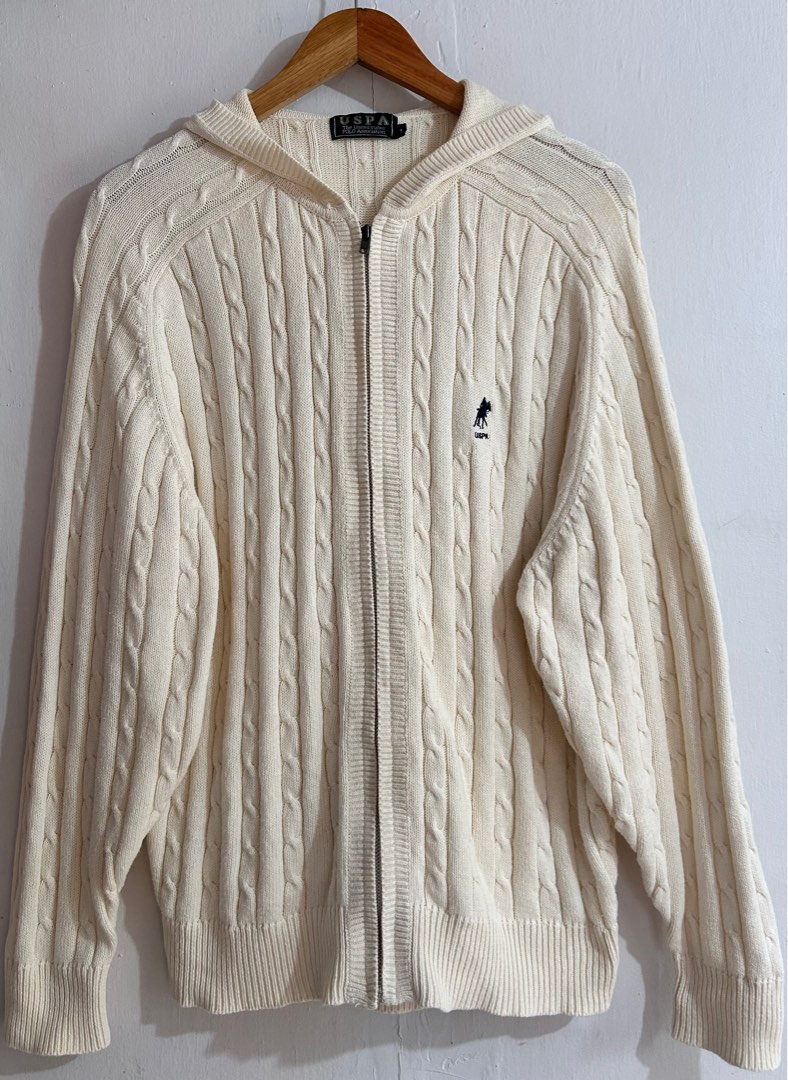 Vintage USPA cable knit cream full zip with hood cable knit jacket, Men ...