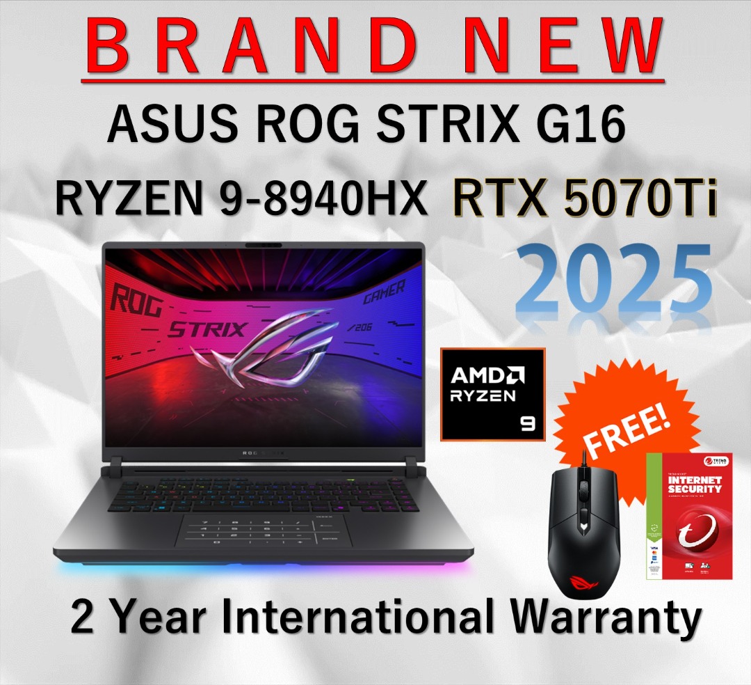 (READY STOCK) 2025 ASUS ROG STRIX G16 ( AMD Ryzen 9-8940HX, RTX 5070Ti ...