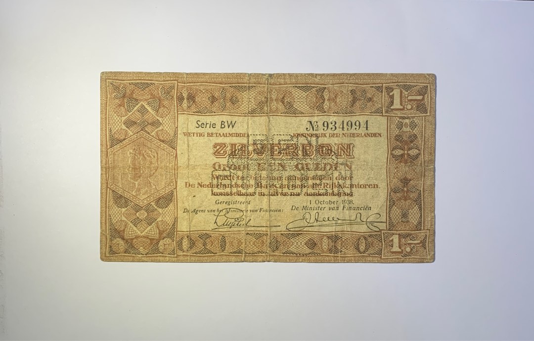 Pre WW2 1938 Netherlands 1 Silver Gulden certificate Interwar old ...
