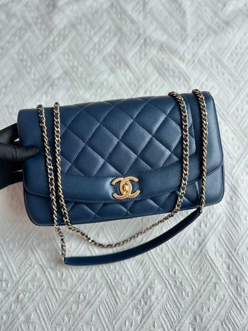 (SG Ready stock)100% authentic Chanel classic DIANA(28cm) navy blue GHW ...
