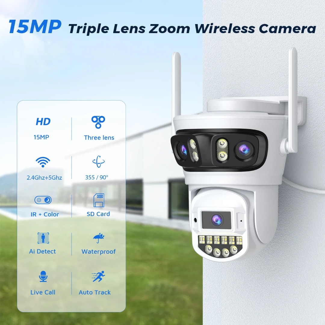 Three Lens 15MP 8K Wifi Outdoor Camera Three Screens Video Surveillance ...