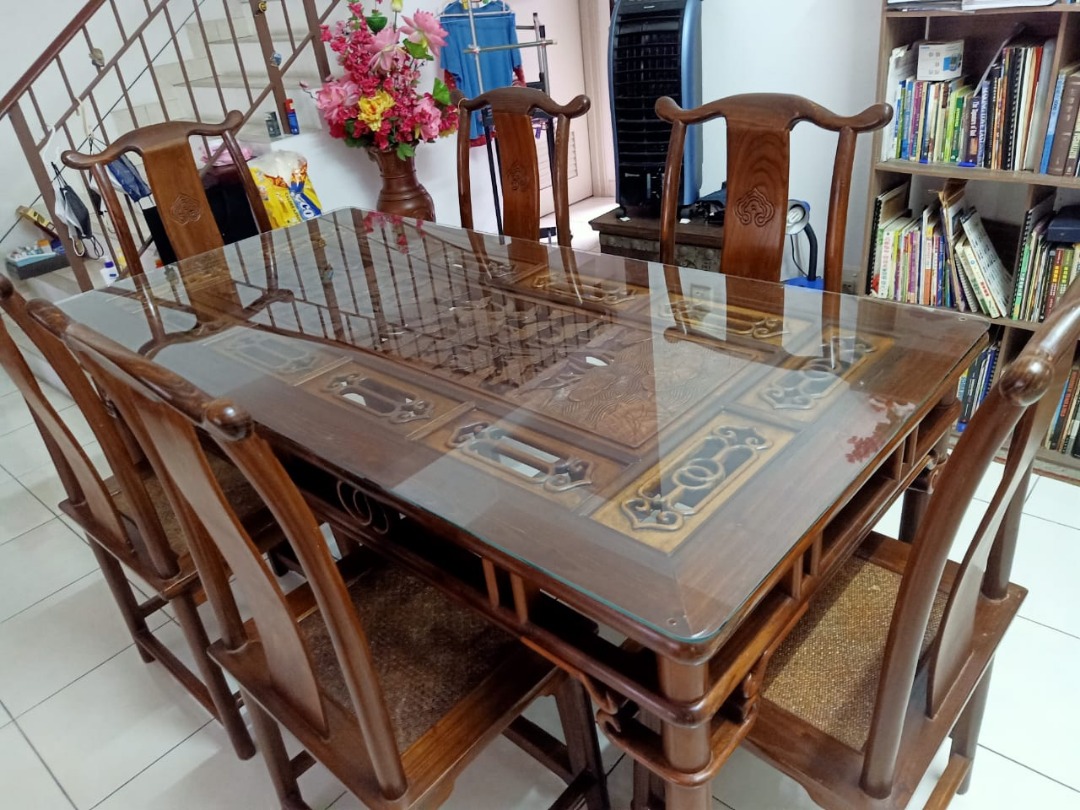 Traditional Ming-Style Dining Table with Glass Top and Six Chairs Set ...