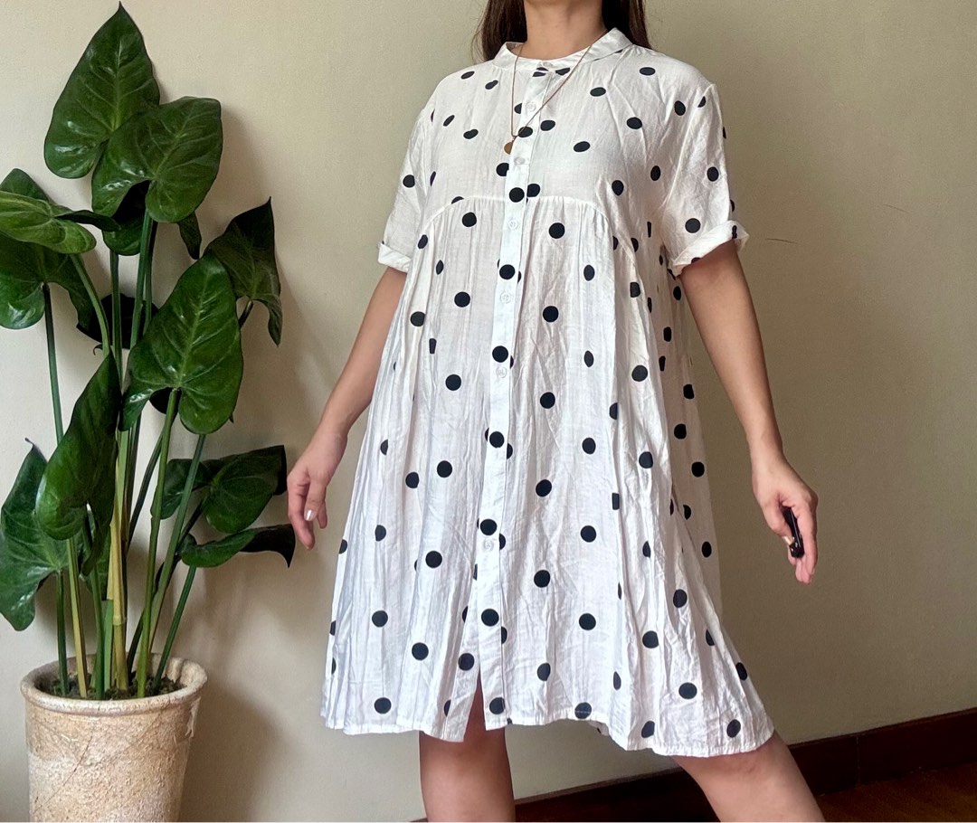 CLASSMATE white dotted button down dress,l to xl, Women's Fashion ...