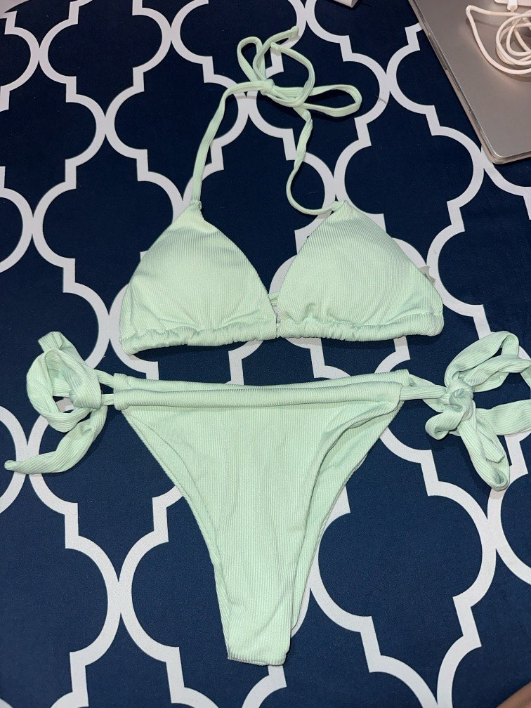 Shein Mint Green Self Tie Bikini Set Ribbed Fabric, Women's Fashion ...