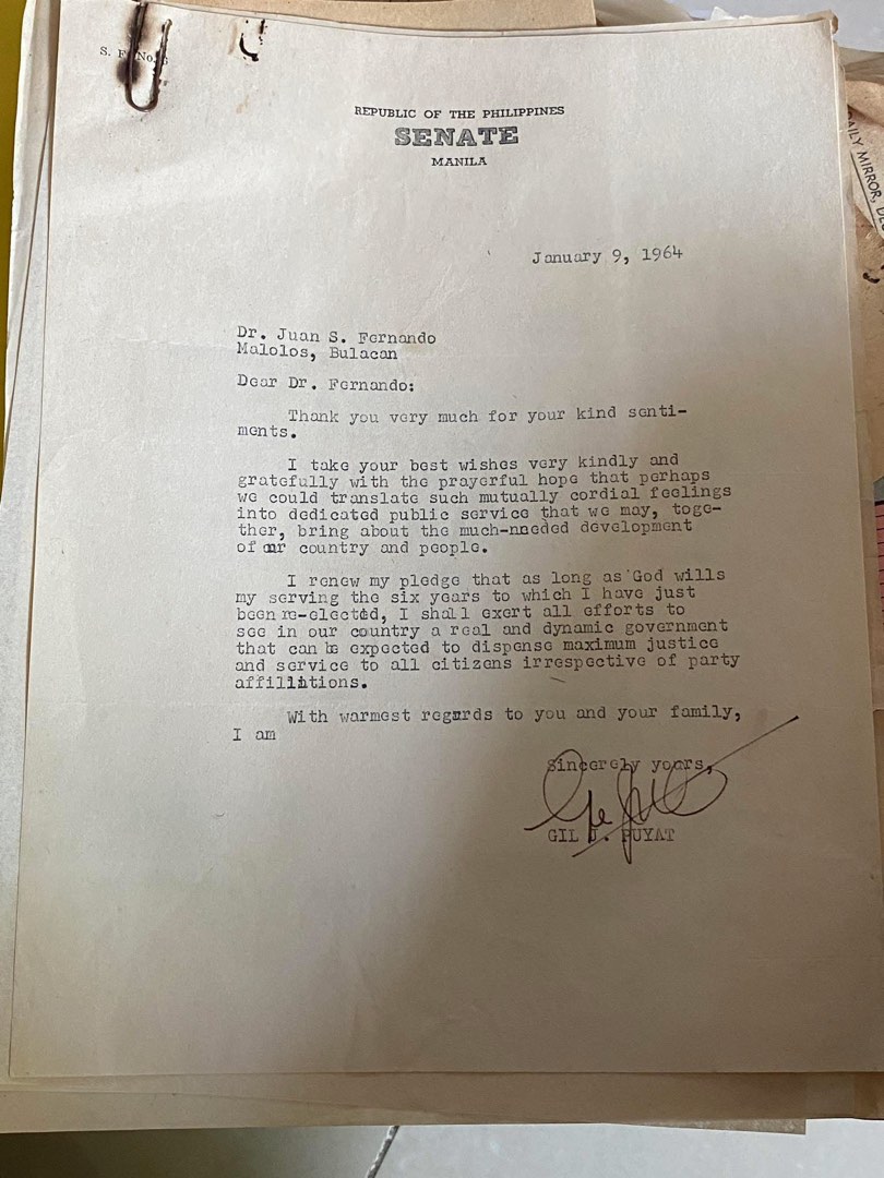 A rare 1964 letter by Senator Gil Puyat (Signed), Hobbies & Toys ...