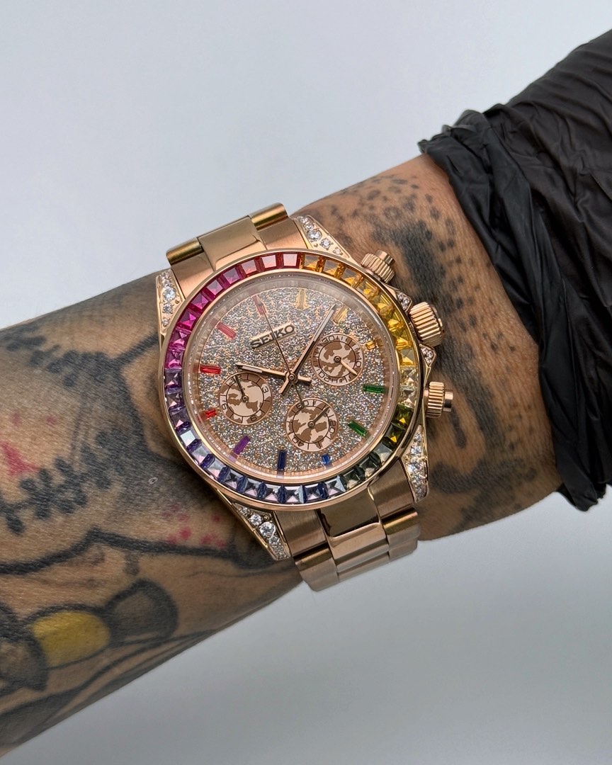 Custom Seiko Mod 39.5mm Double Rainbow Pave Diamond Rose Gold Daytona w ...