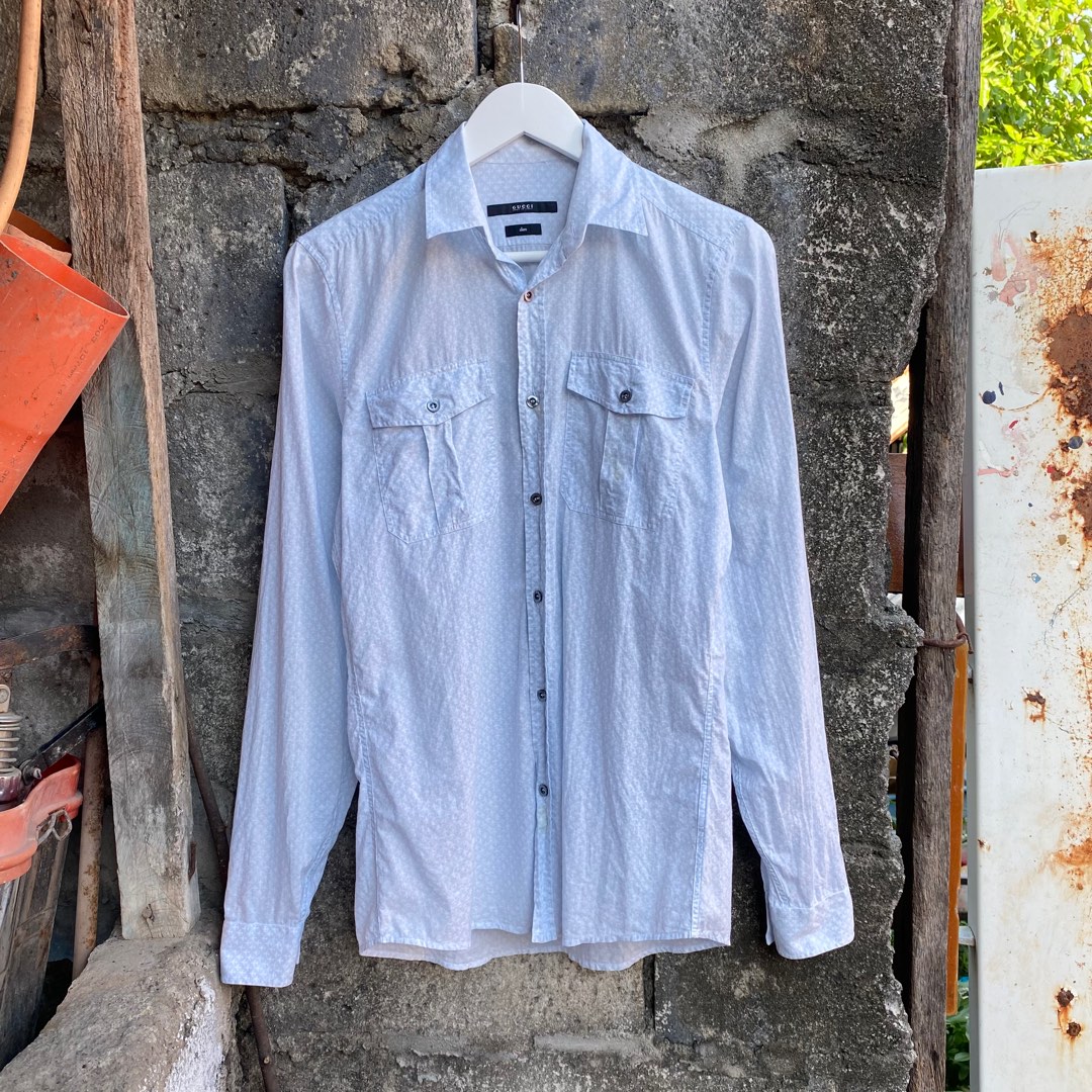 GUCCI AIRPLANE MONOGRAM BUTTON-UP LIGHT BLUE SHIRT, Men's Fashion, Tops ...