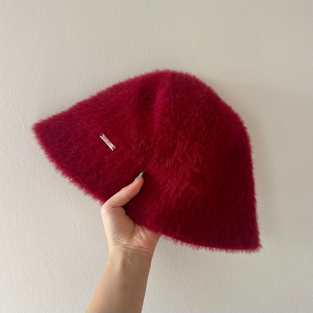 Ancora x Miniso wine red furry classy bucket hat cap accessory with ...
