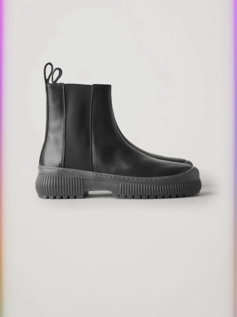 Cos Chunky Sole Leather Chelsea Black Boots 40 41, Women's Fashion ...