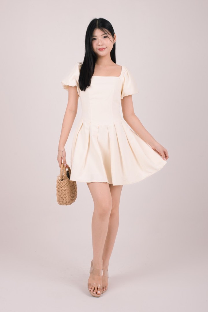 MGP Tiea Puff-Sleeve Mini Dress In Cream, Women's Fashion, Dresses ...